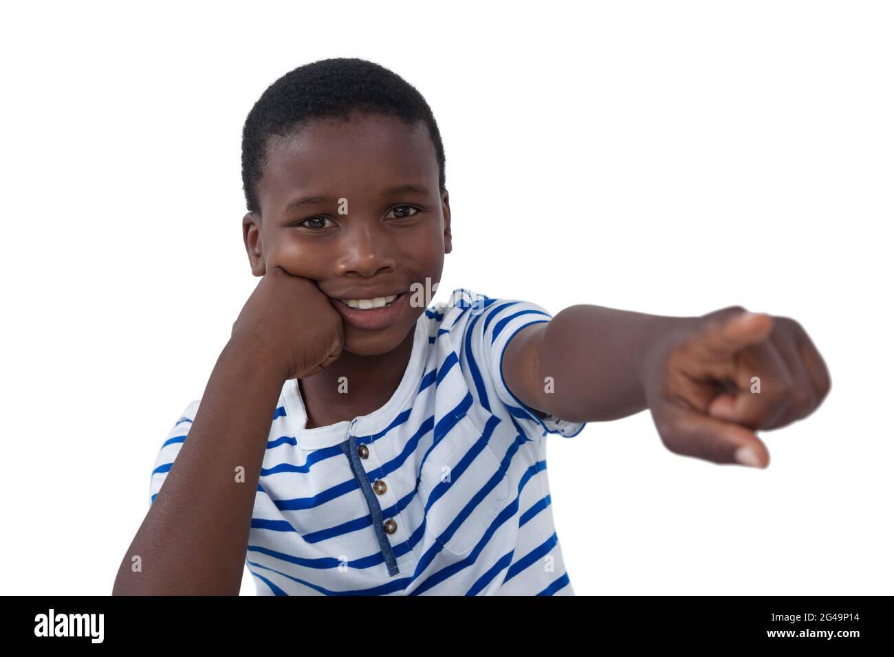 Happy boy pointing his finger against white background Stock Photo - Alamy