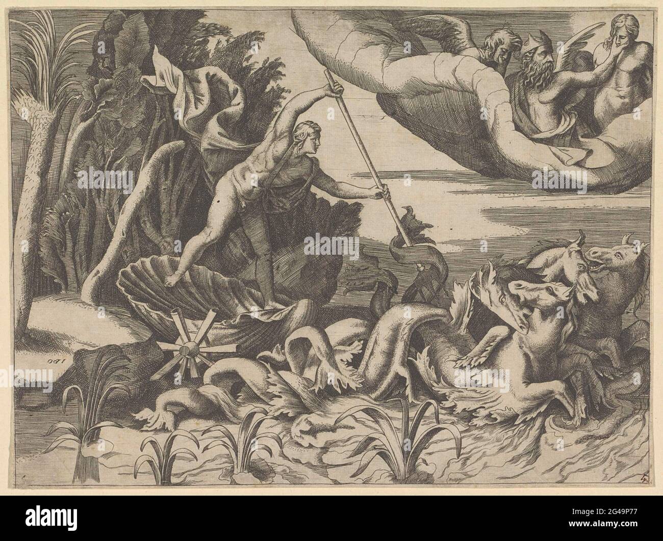 Neptune in his chariot; Distribution of the universe. Neptunus stands ...
