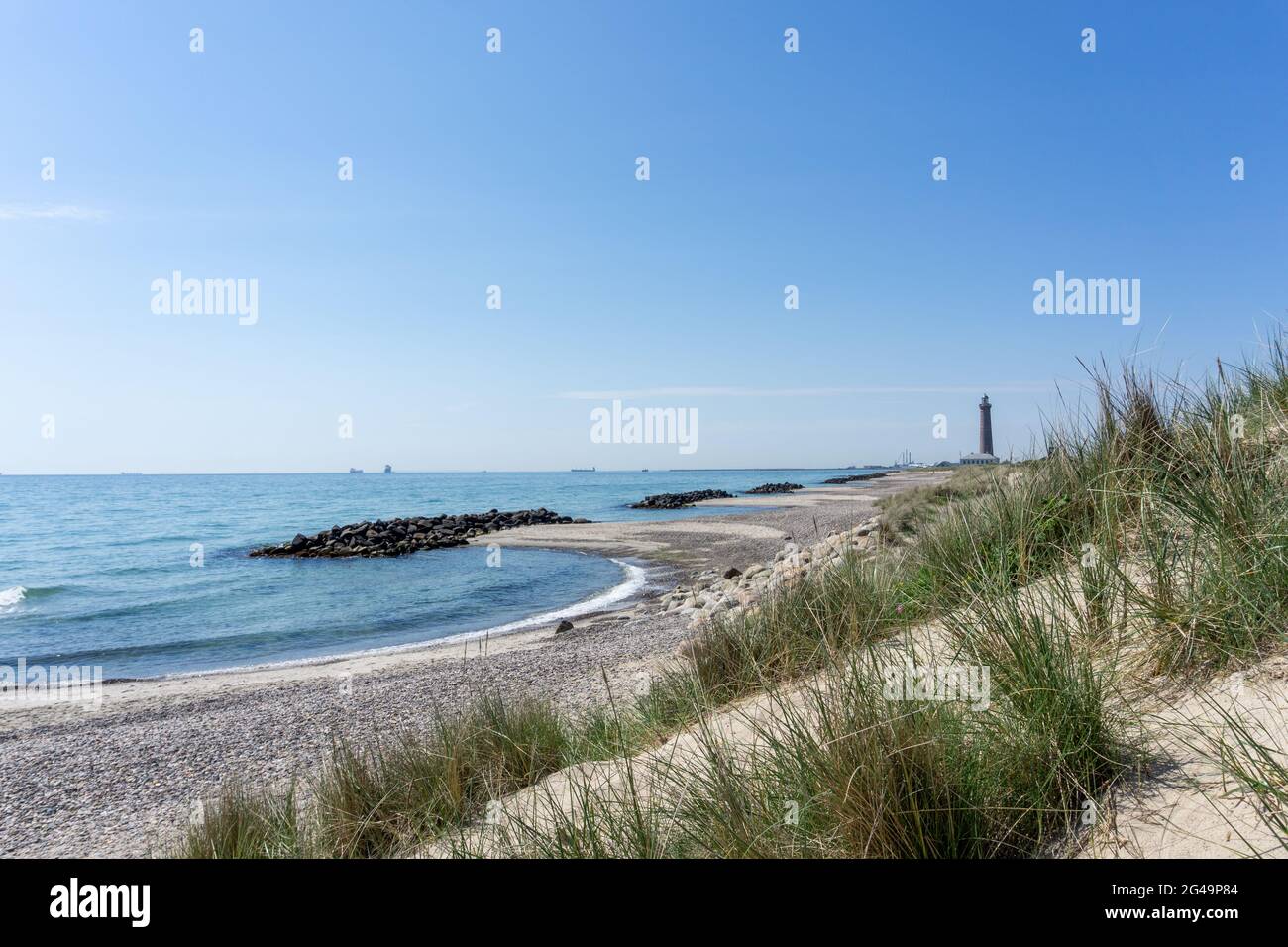 Beautiful empty beach behind sand dunes with rocky storm groins to ...