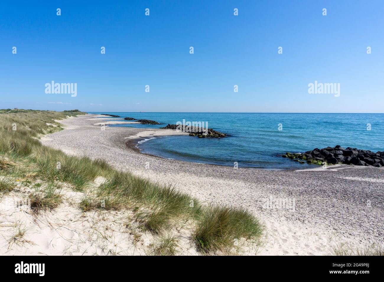 Beautiful empty beach behind sand dunes with rocky storm groins to ...