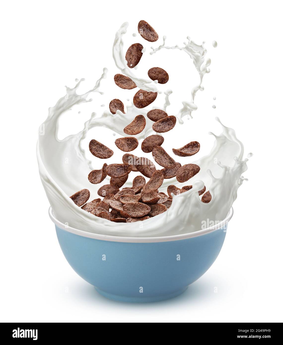 Chocolate corn flakes with milk splash isolated on white background ...