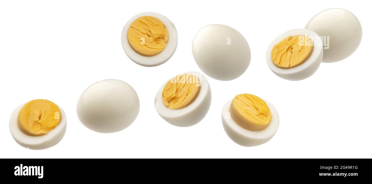 Falling hard boiled chicken eggs isolated on white background Stock ...