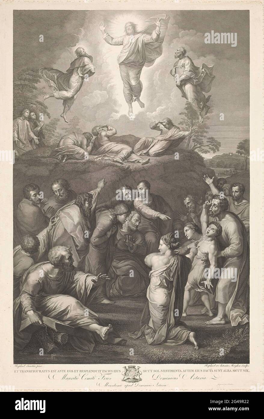 Transfiguration on the mountain tabor. Christ floating in a beam of ...