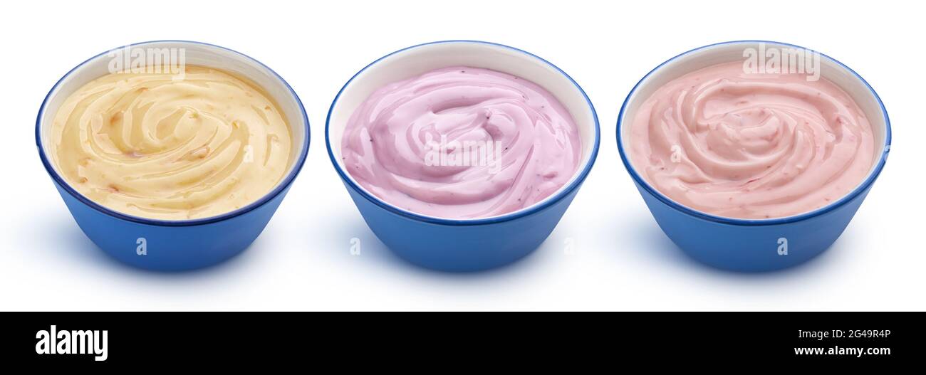 Yogurt collection in bowl isolated on white background Stock Photo - Alamy