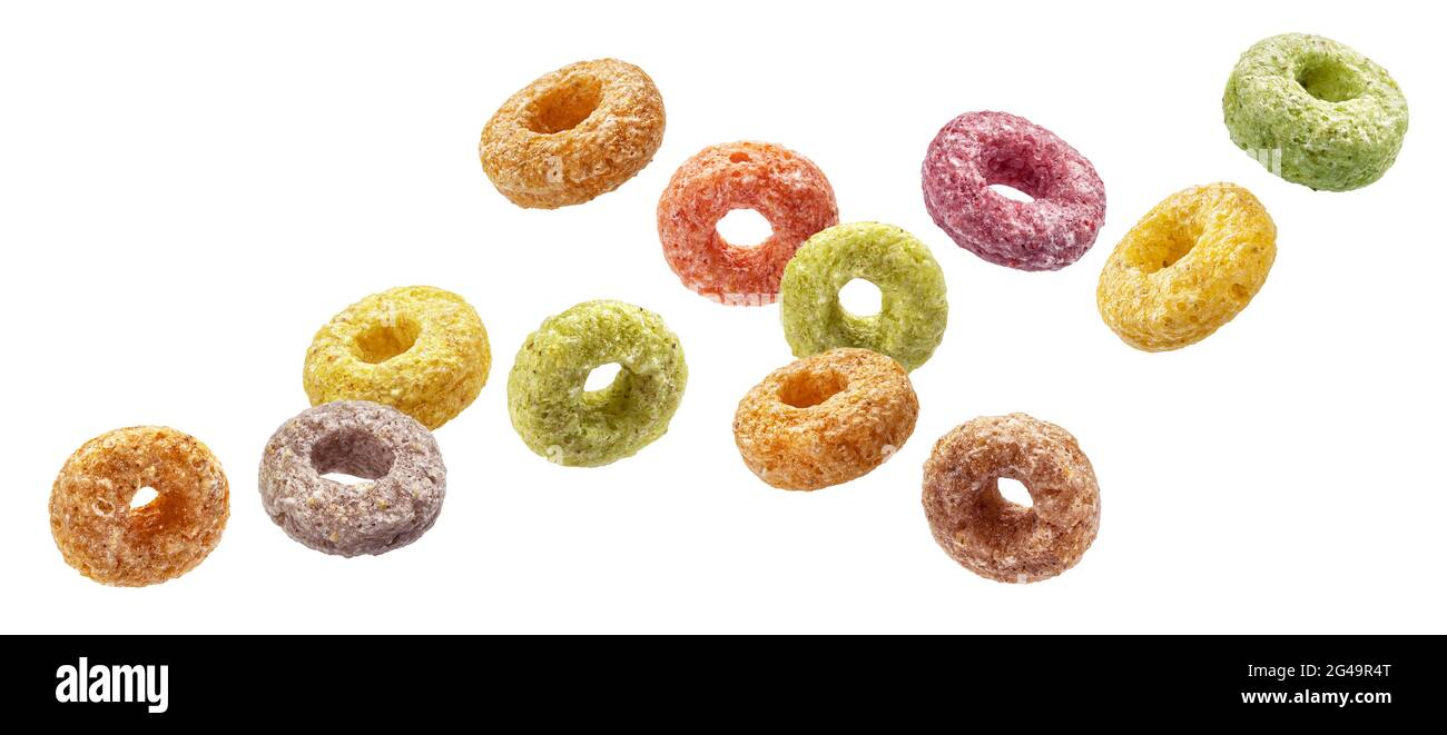 Falling colorful corn rings isolated on white background Stock Photo ...