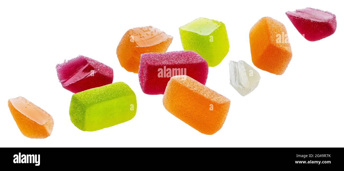 Falling fruit marmalade sweets isolated on white background Stock Photo ...