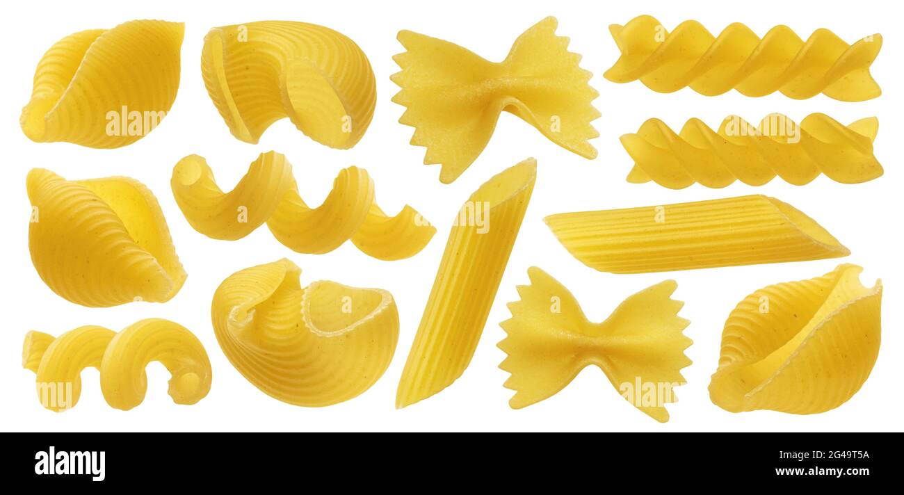 Raw italian pasta, collection of different pasta kinds isolated on ...