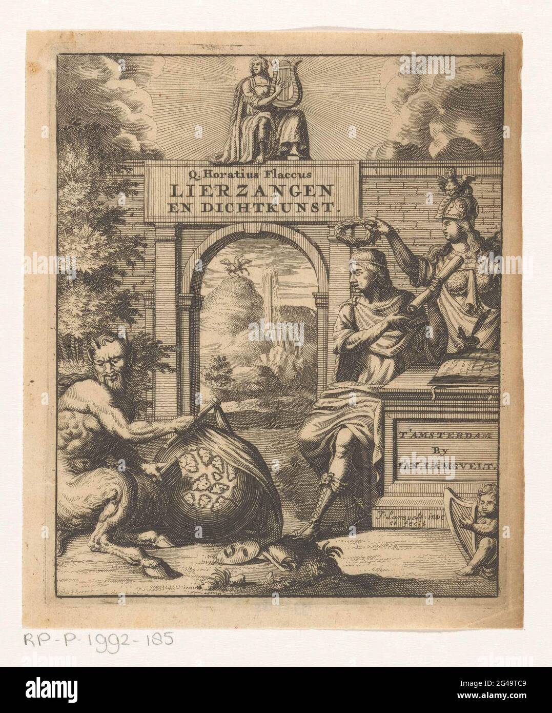 Apollo playing on winch and man raised by Minerva; Title page for ...