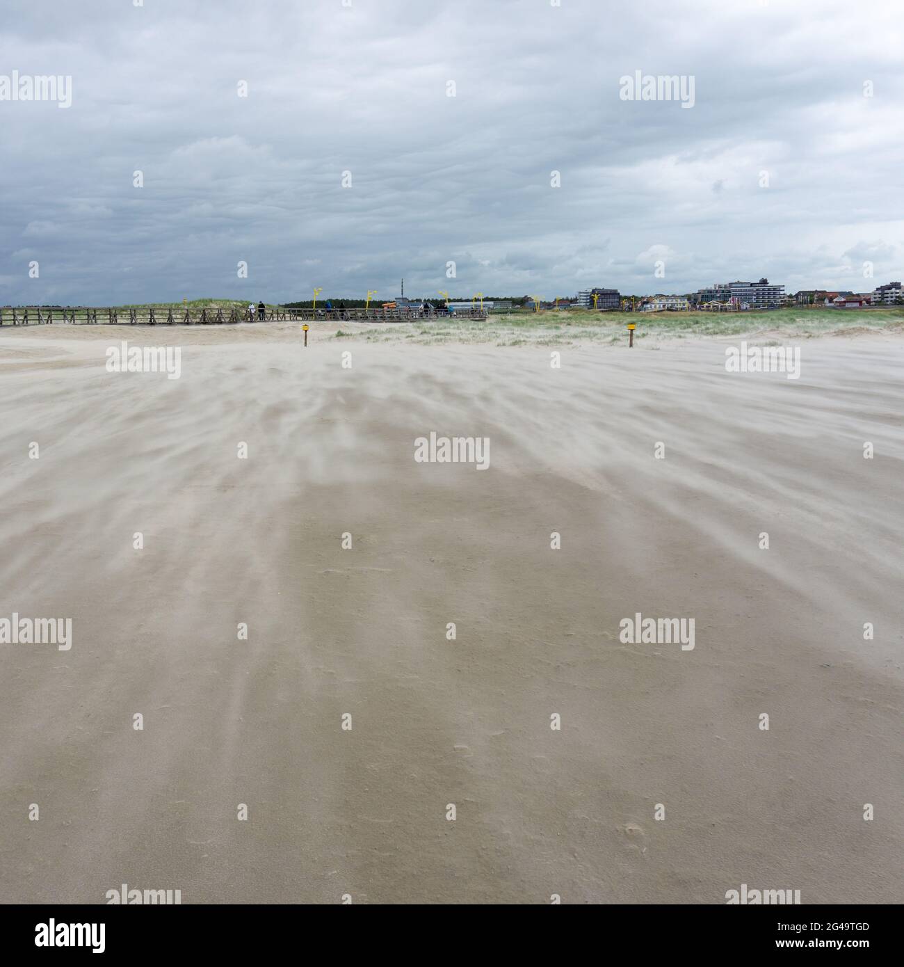Beautiful idyllic beach with a strong wind whipping sand along Stock ...