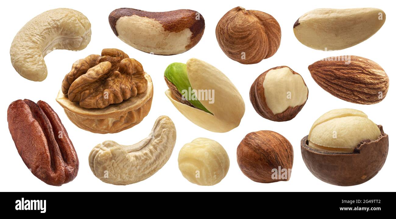 Different nuts collection isolated on white background Stock Photo - Alamy