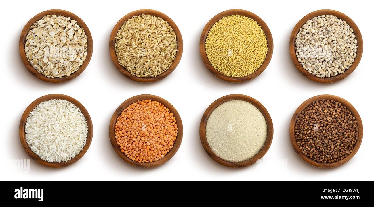 Cereals, grains and seeds in bowls isolated on white background, top ...