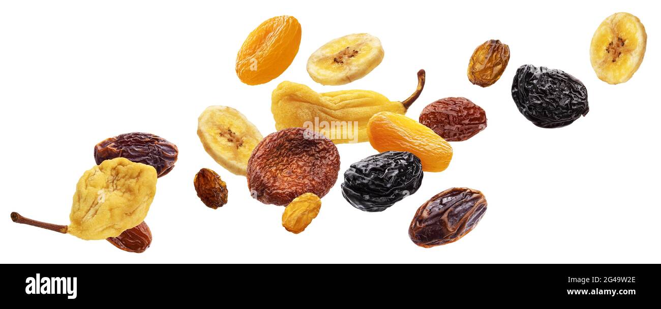 Falling dried fruits isolated on white backgroun Stock Photo - Alamy