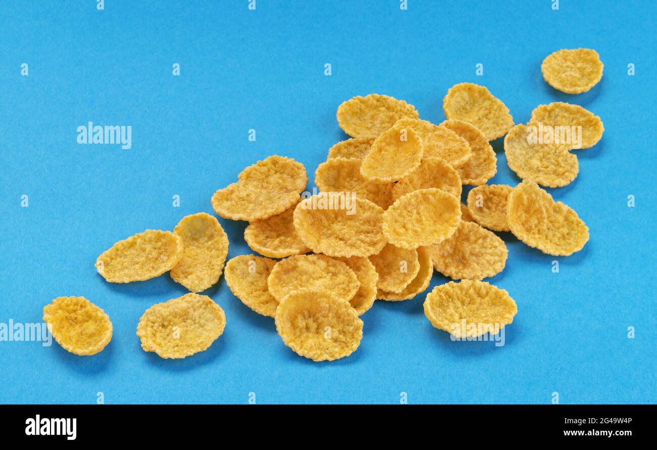 Corn flakes isolated on blue color background, full depth of field ...