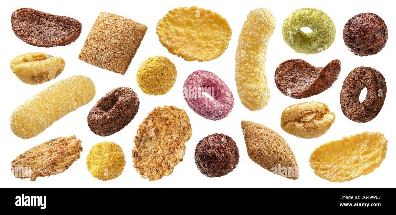 Different types of breakfast cereals isolated on white background Stock ...