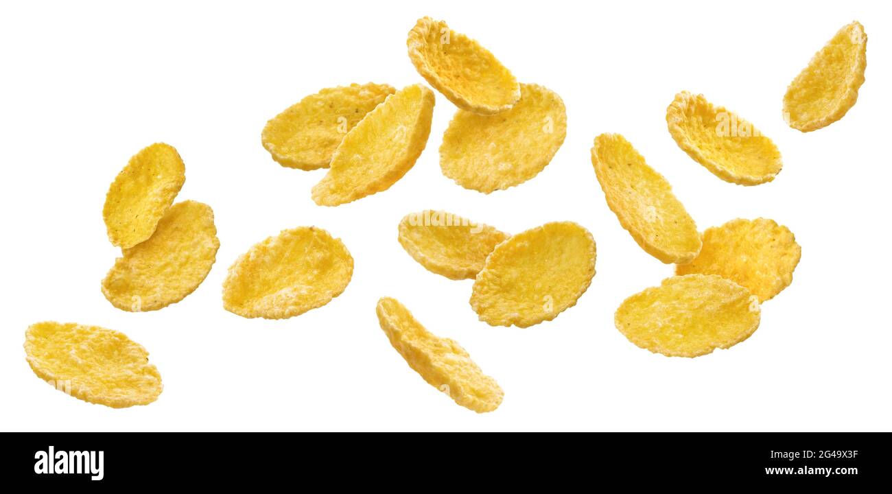 Falling corn flakes isolated on white background Stock Photo - Alamy