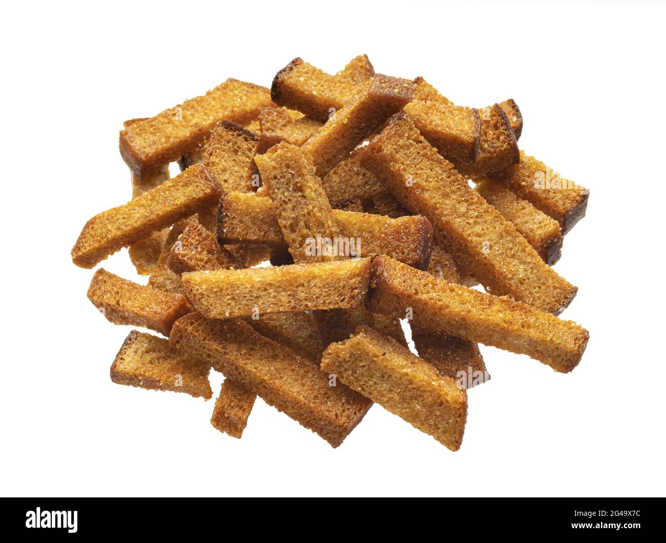 Pile of rye bread croutons, salted bread sticks isolated on white ...