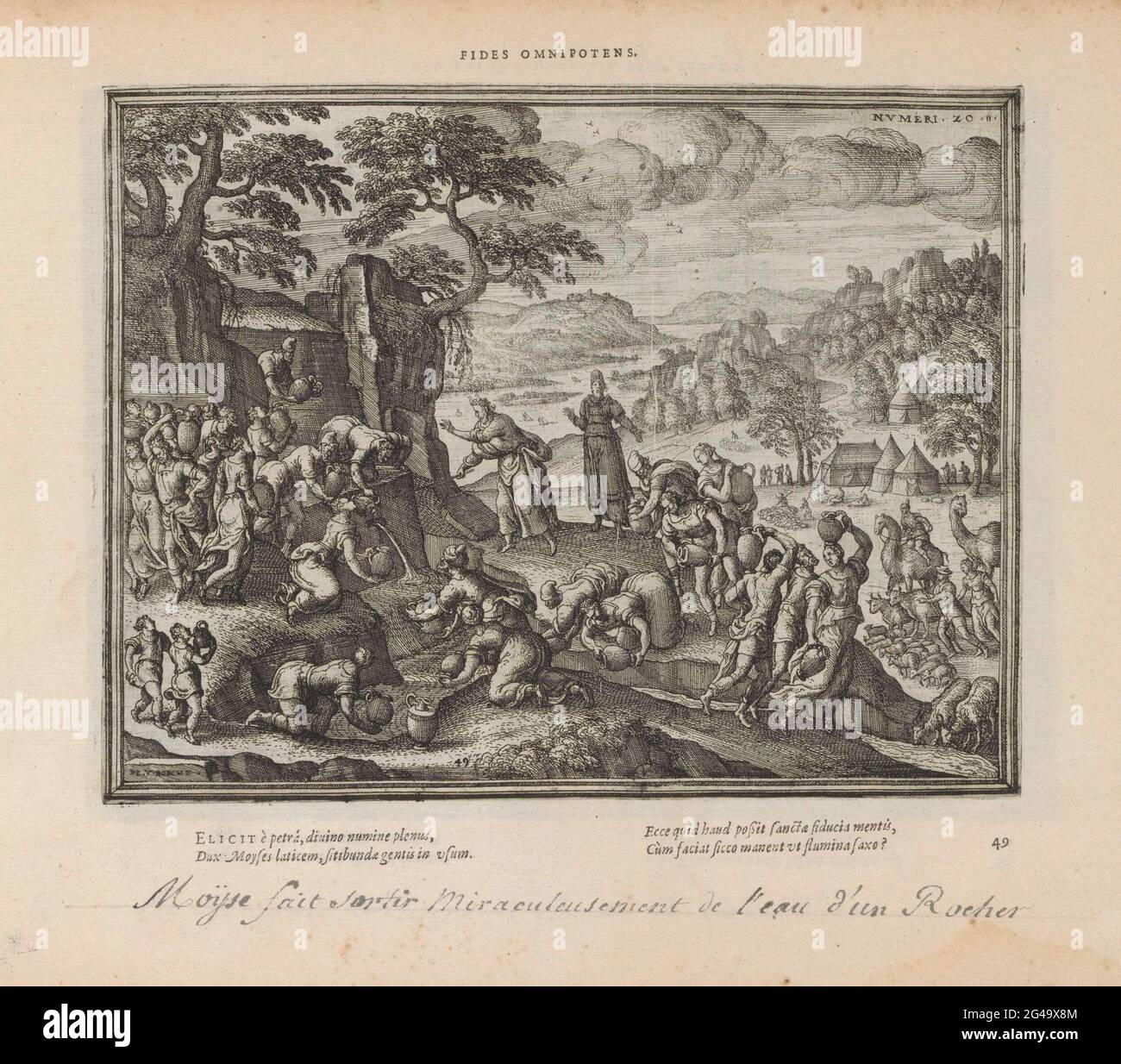 Moses strikes water from the rock; Fides omnipotens; Emblemata sacra è ...