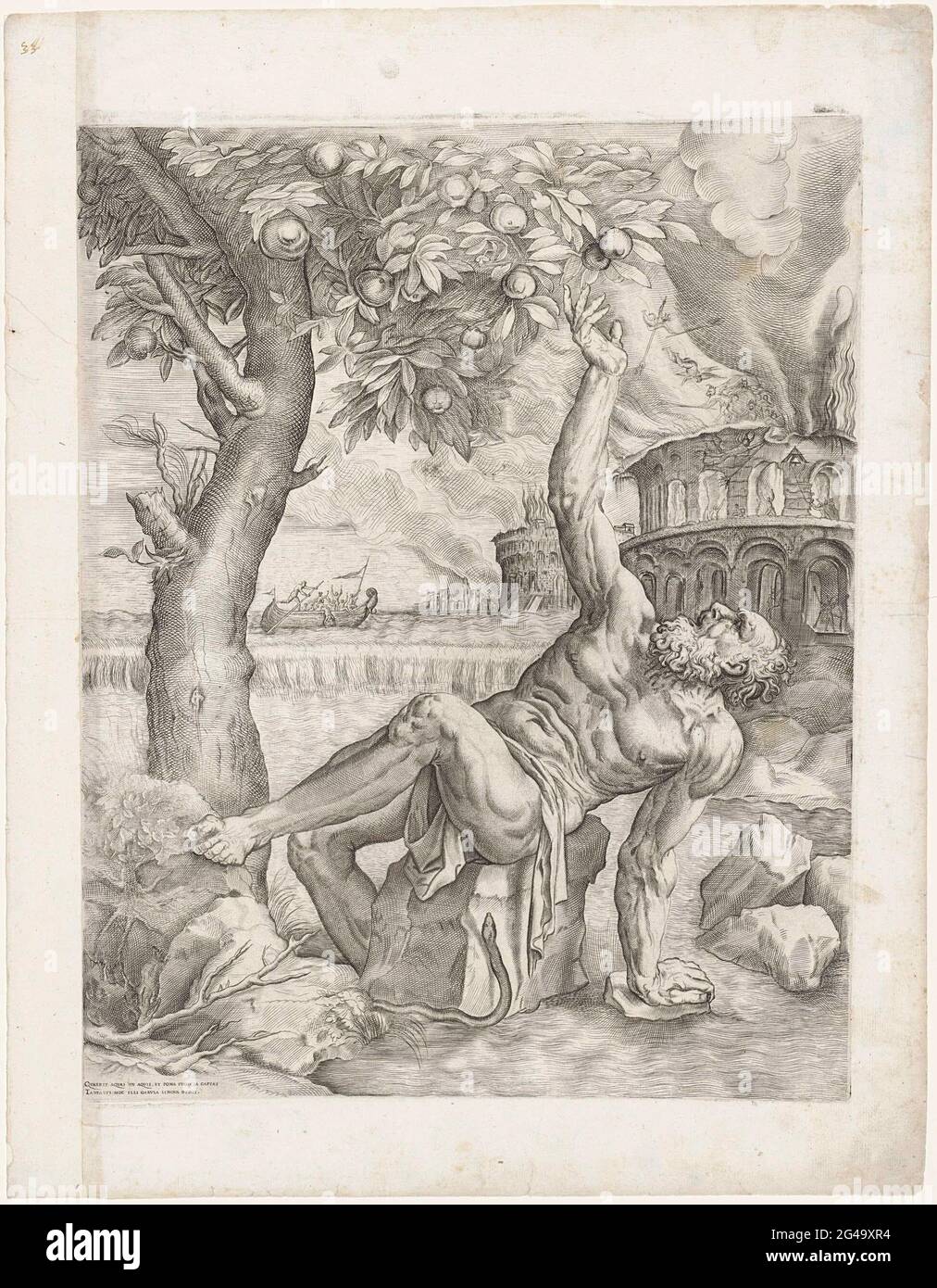 Tantalus. Tantalus, sitting on a rock in the water, with one hand ...