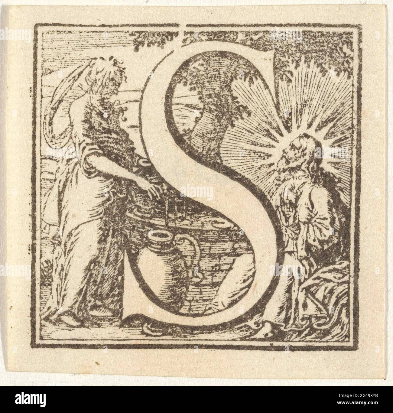 Letter S in a picture frame with a representation of Christ and the ...