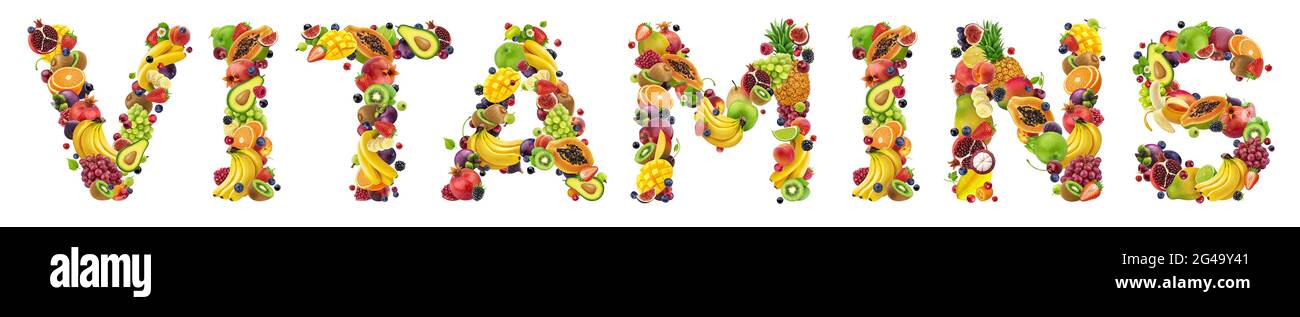 Word VITAMINS made of different fruits and berries Stock Photo - Alamy