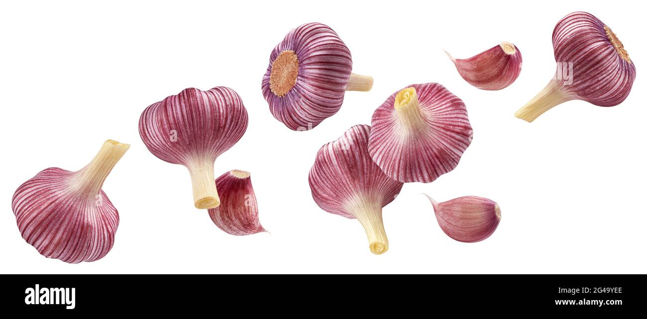 Falling red garlic isolated on white background Stock Photo - Alamy