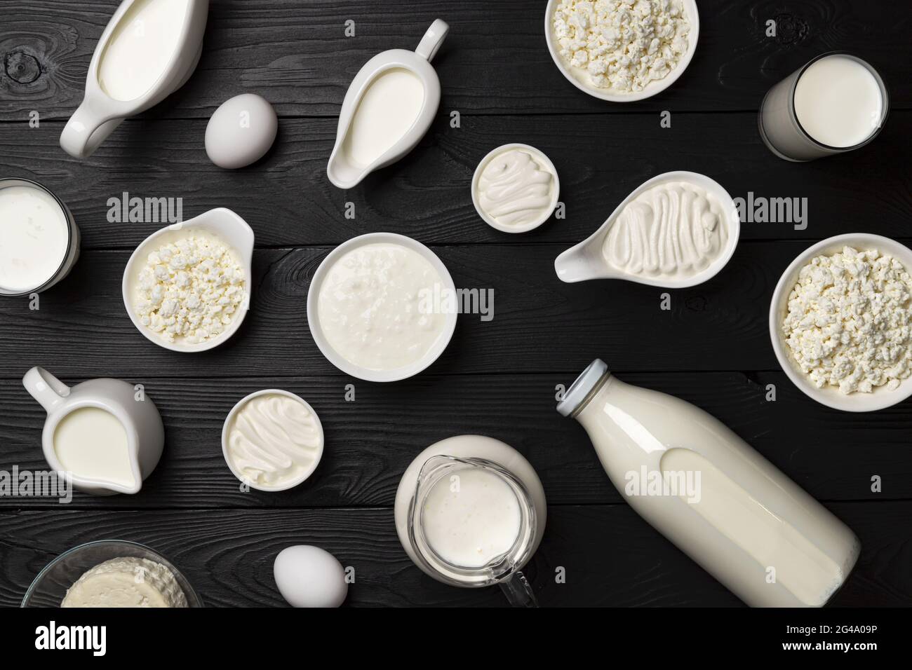 Milk, cottage cheese, sour cream and yogurt, top view, flat lay Stock ...