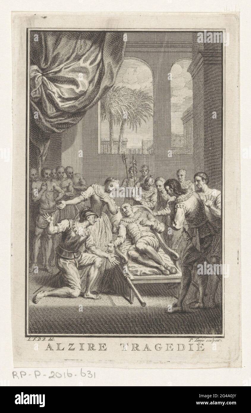 Man on deathbed; Alzire tragedy. A man on his deathbed surrounded by ...