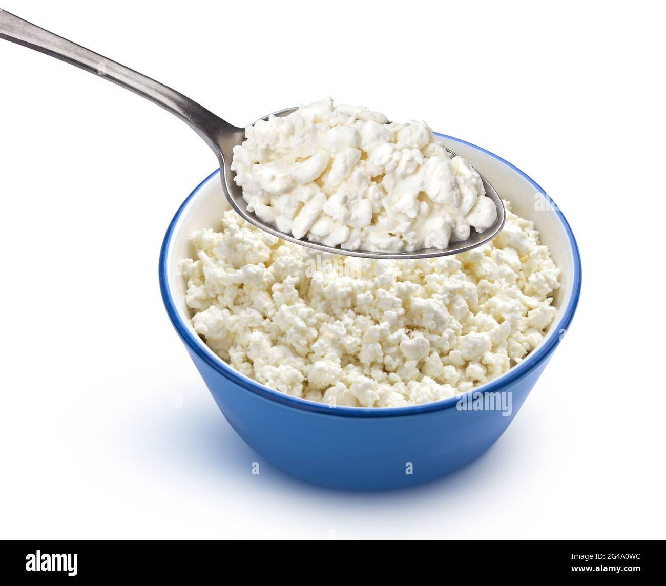 Cottage cheese in blue bowl isolated on white background Stock Photo ...