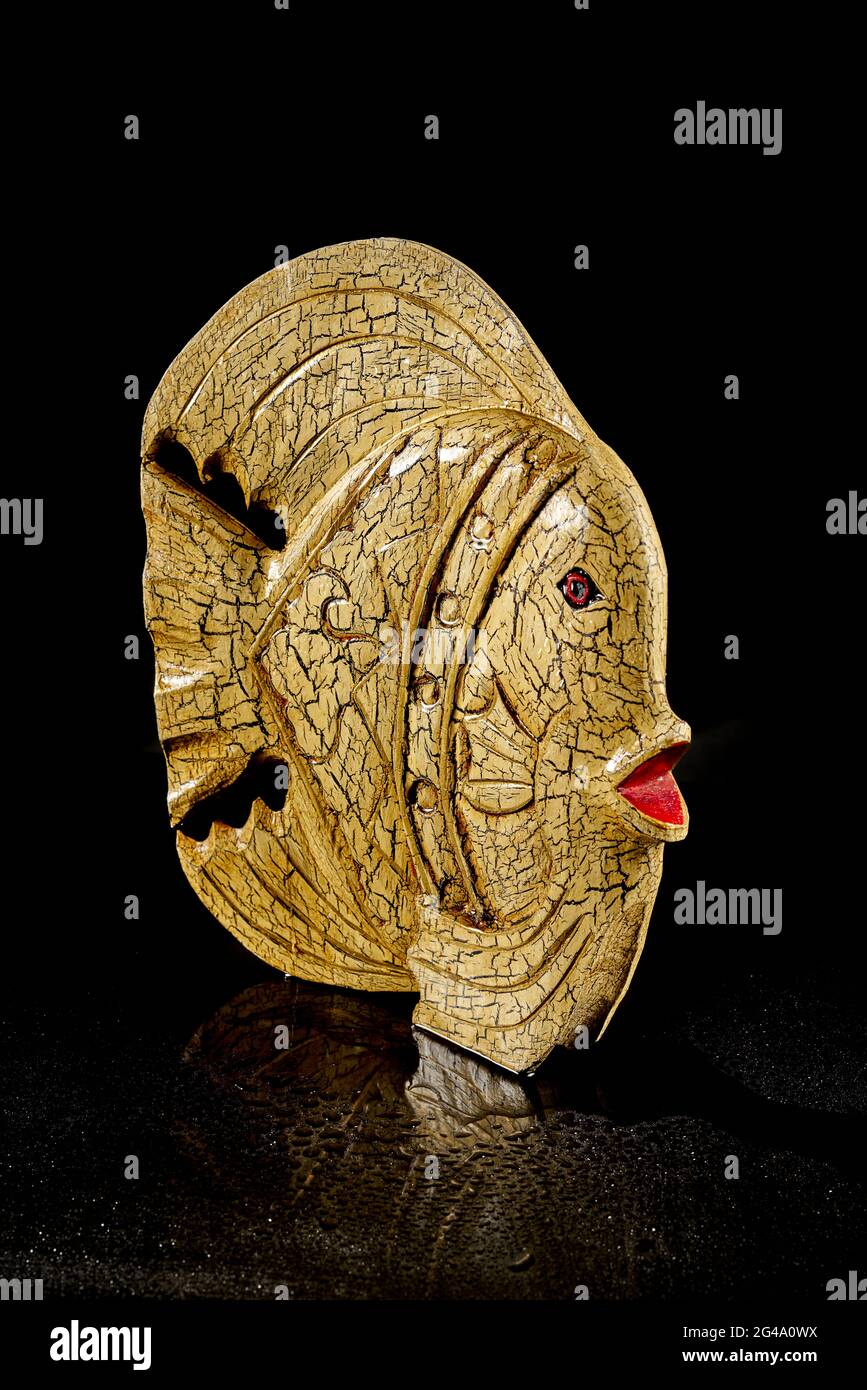 A vertical shot of a golden fish statue on a black background Stock ...