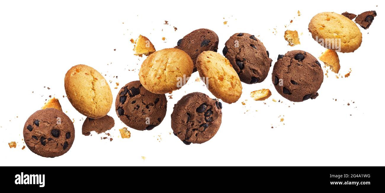 Falling broken chip cookies isolated on white background with clipping ...