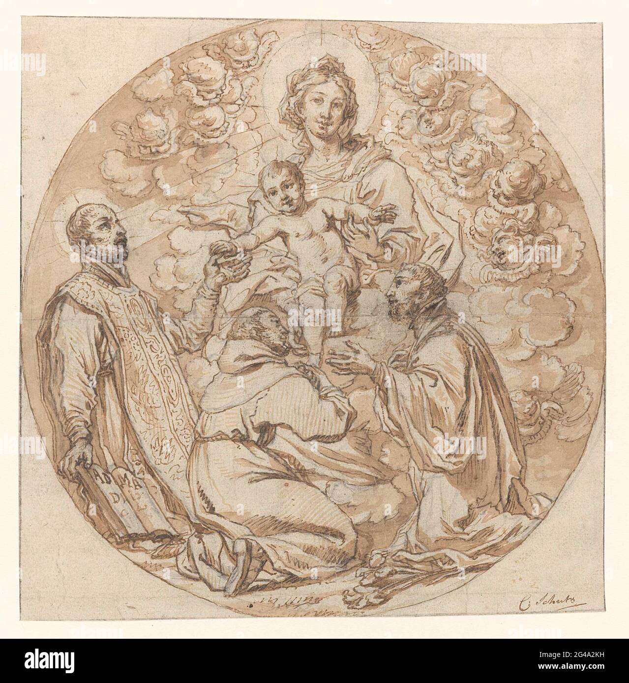 Maria with child worshiped by H. Ignatius van Loyola, H. Franciscus Xaverius and Saint Monk ...