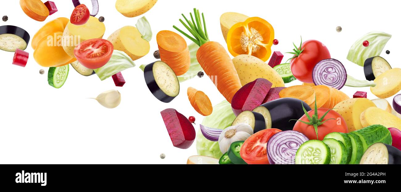 Falling vegetables isolated on white background Stock Photo - Alamy