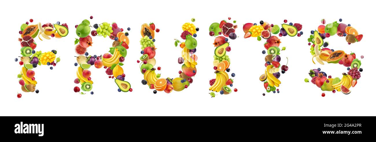 Word fruits made of different fruits and berries Stock Photo - Alamy