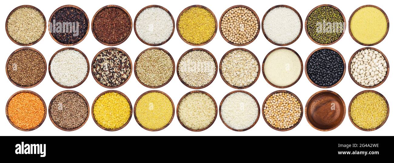 Different cereals, grains and flakes isolated on white background with ...