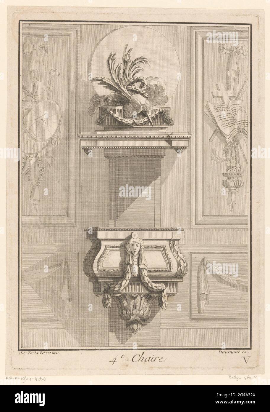 Pulpit with laurel circuits and branches; 4th chair; V Permissals. A ...
