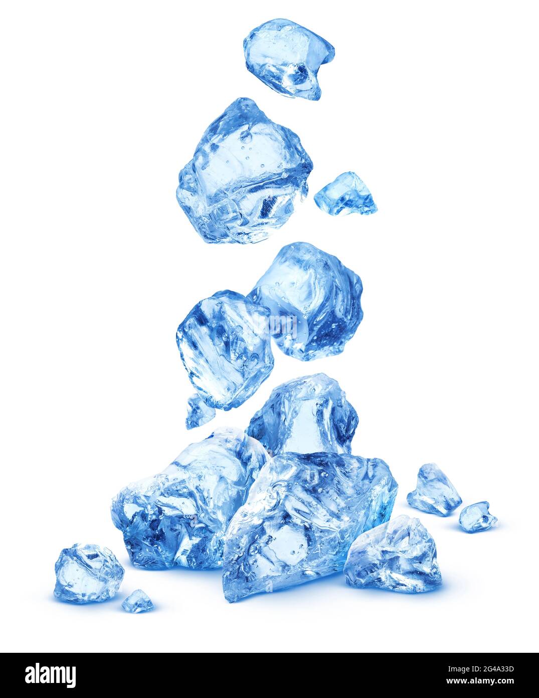Falling pieces of ice, heap of crushed ice isolated on white background ...