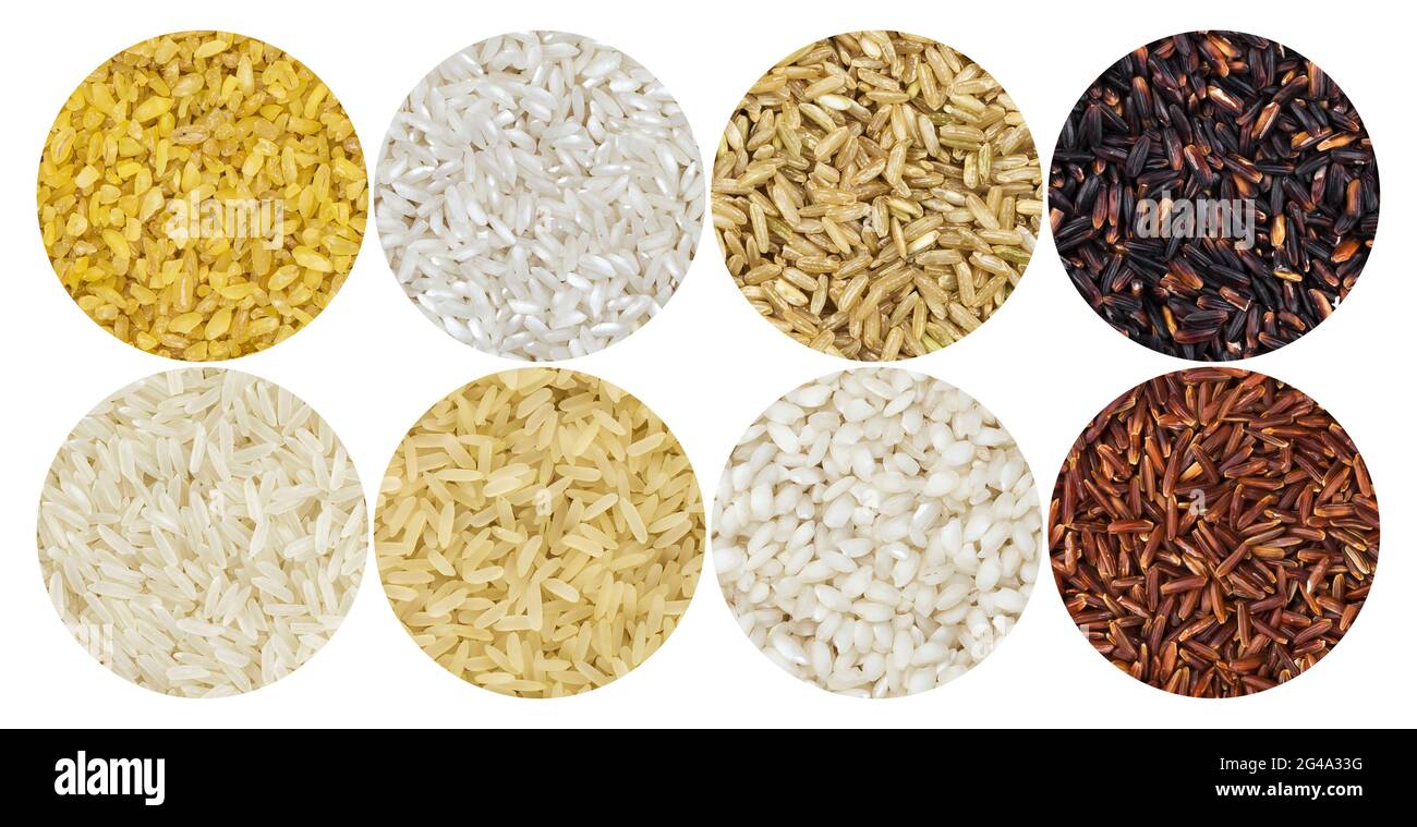 Rice pattern. Different types of rice on white background Stock Photo ...