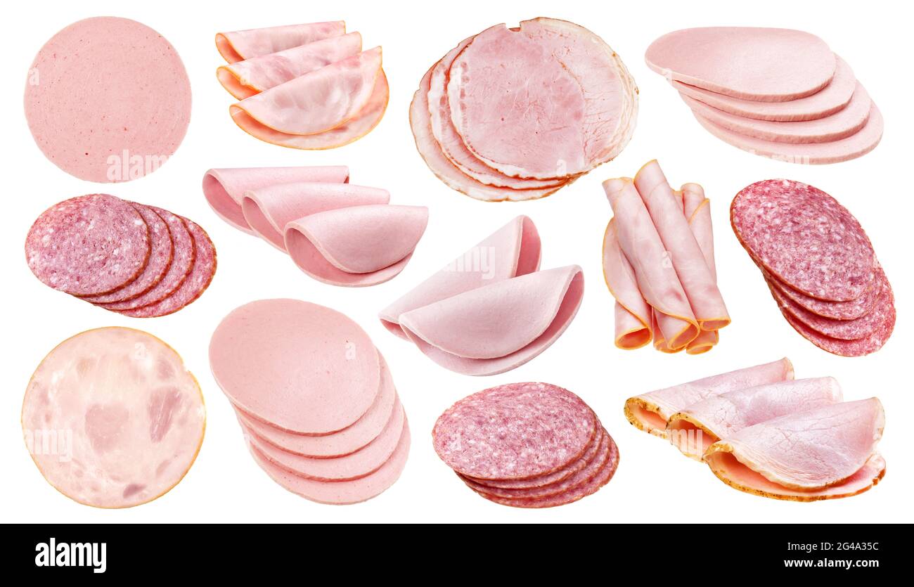 Slices of different sausage, ham and salami isolated on white ...