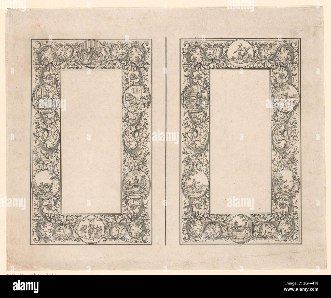 Picture frames with medallions. Two picture frames with leaf motifs and ...