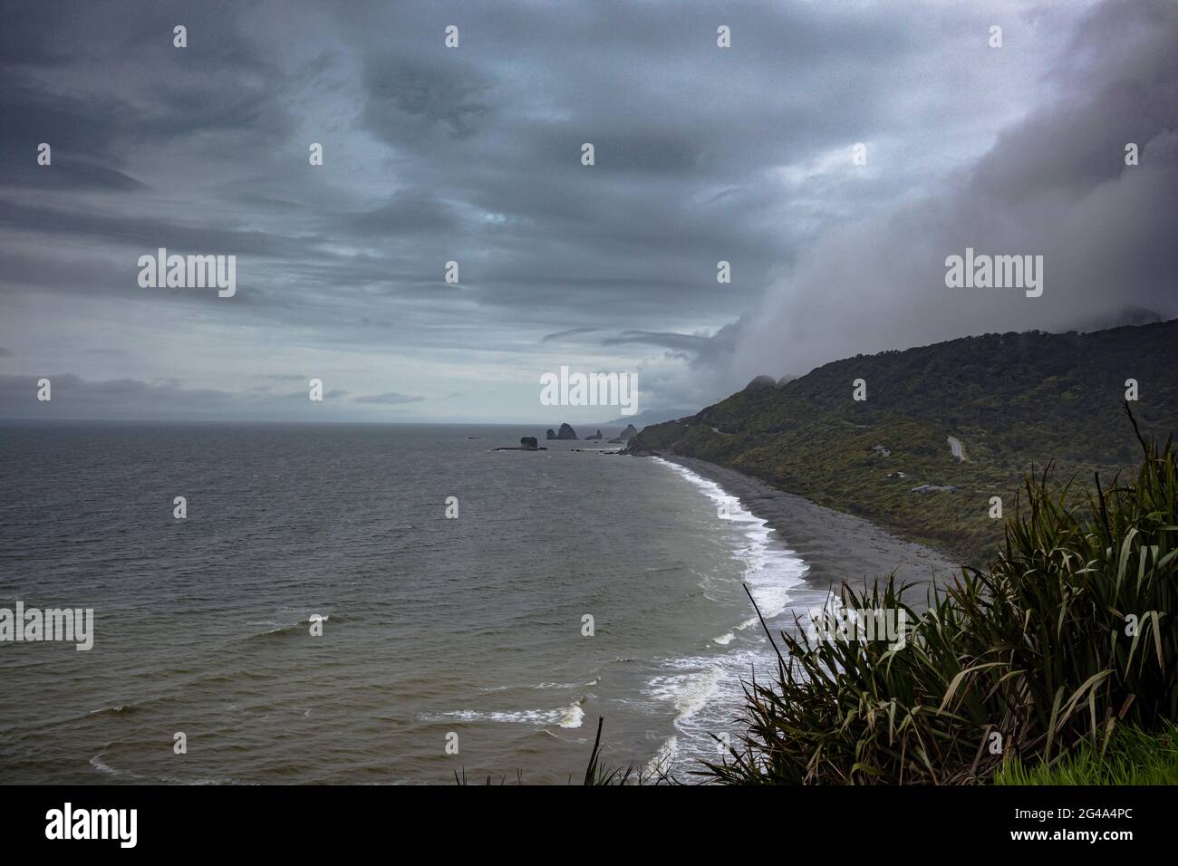 West Coast Beach seen from the Strongman Mine Memorial, New Zealand ...