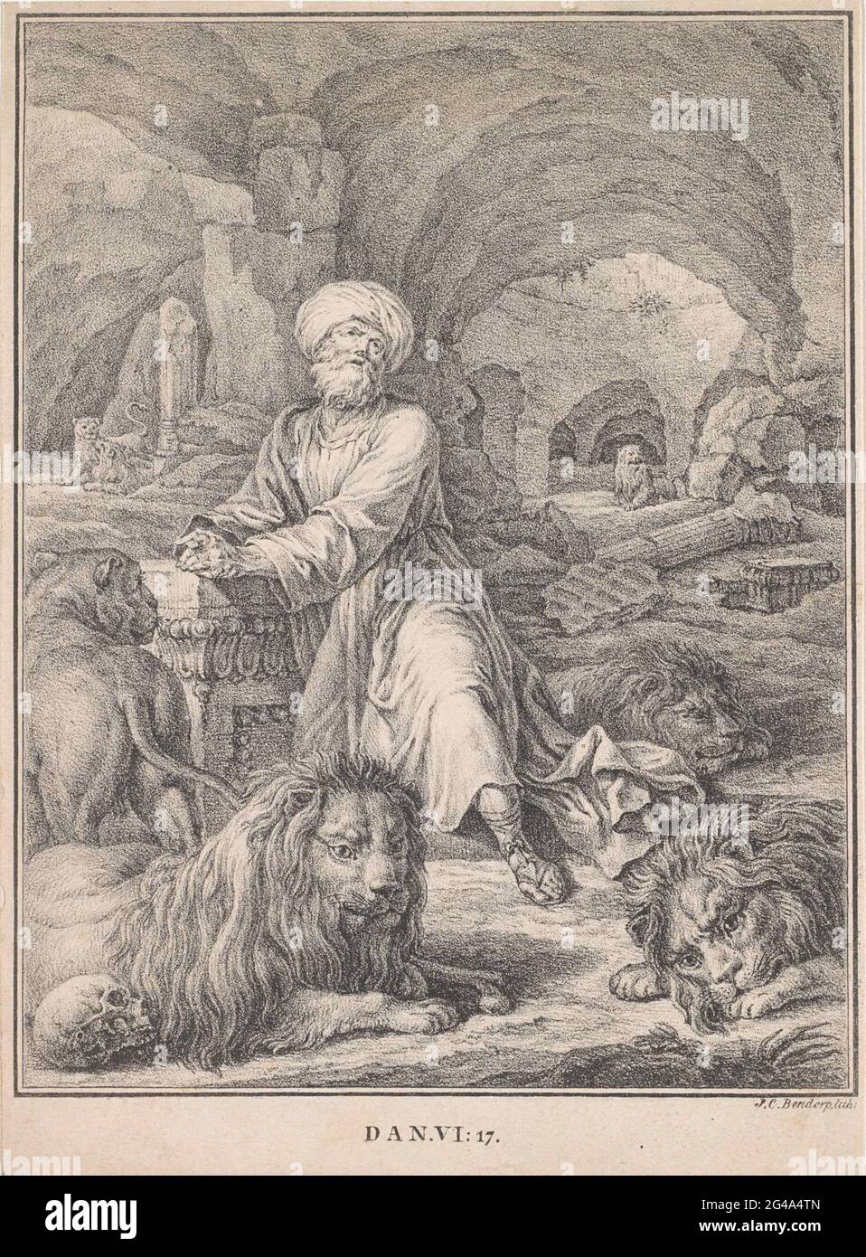 Daniel in the lion's owl. The prophet Daniël is in a cave and leans ...