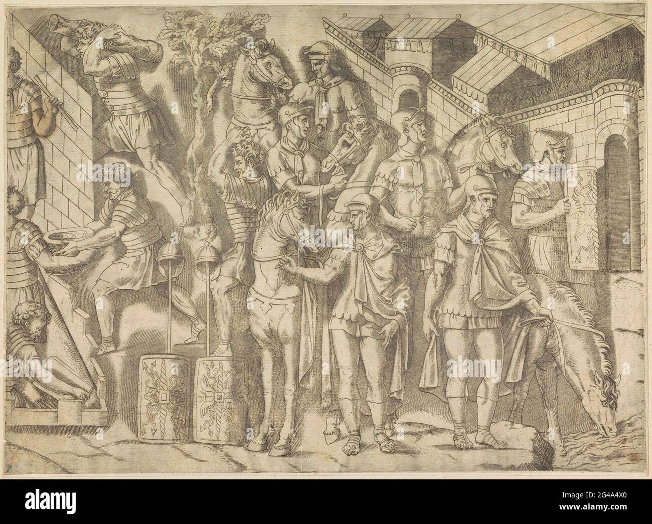 Roman soldiers; Trajan's column. A group of Roman soldiers with horses ...