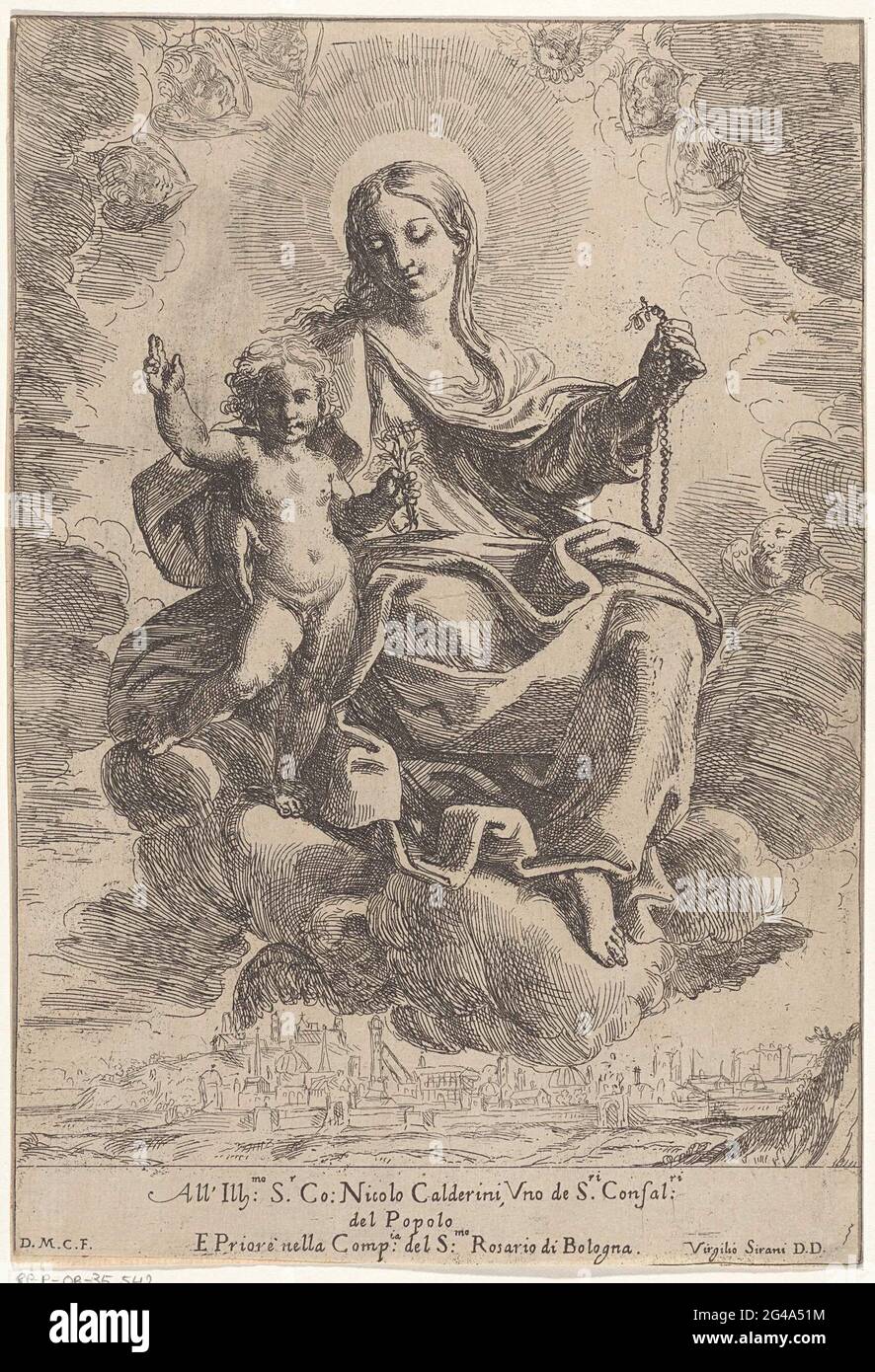 Maria with child and rosary. Maria and the Christ child float on clouds ...