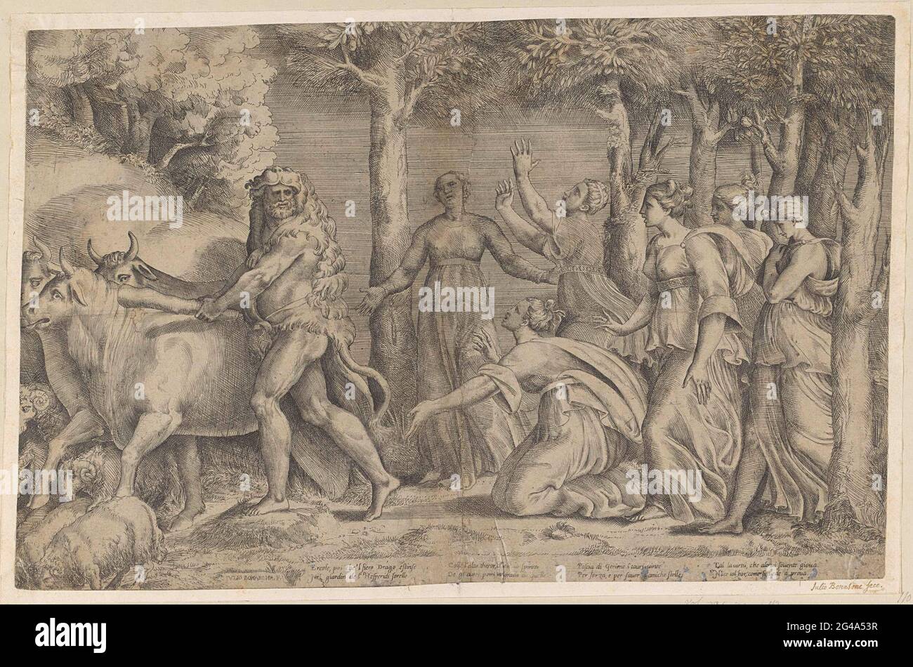 Hercules roars the cattle of Geryon. Hercules runs to the left with ...