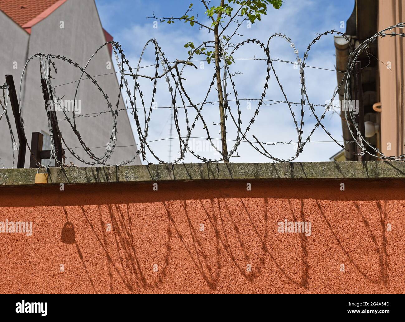 Barbed wire fence of the prison Stock Photo - Alamy
