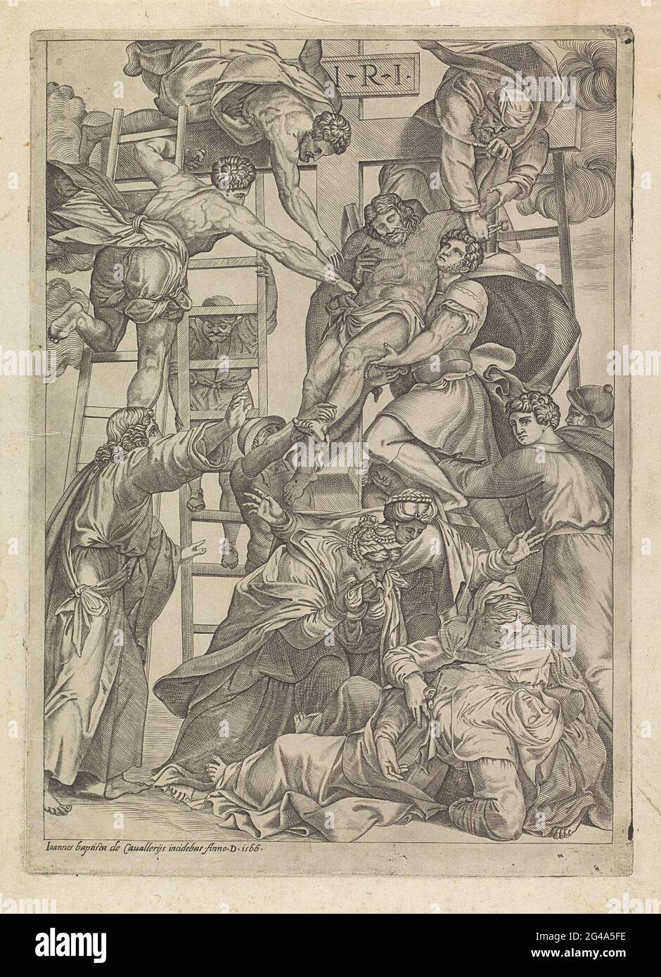 Cross out. Christ is taken from the cross by a group of men on ladders ...