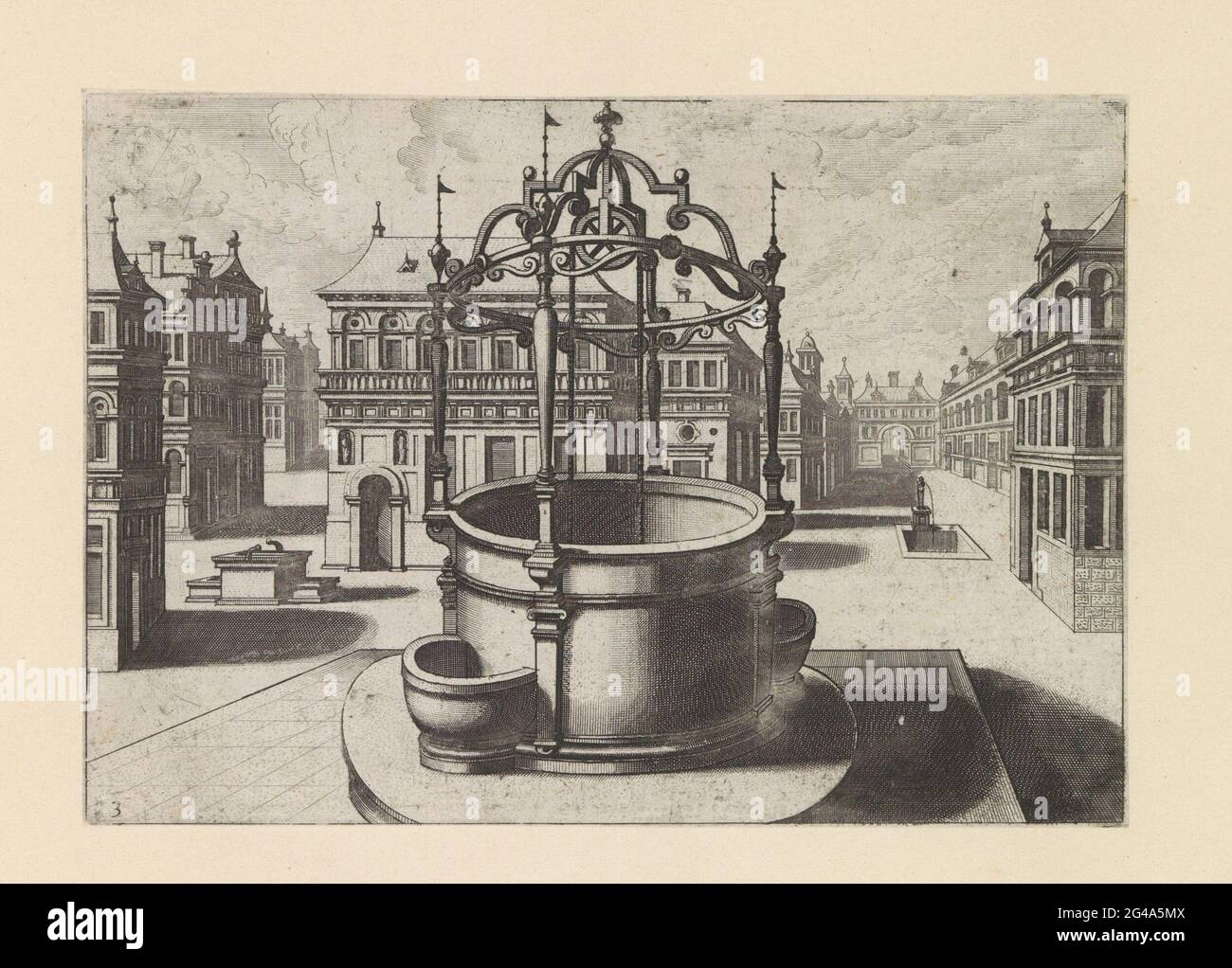 Round water well with metal canopy on a city square; Water wells. City ...