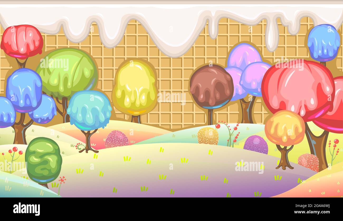 Candy background. Cartoon sweet land. Beads of jelly, ice cream and ...