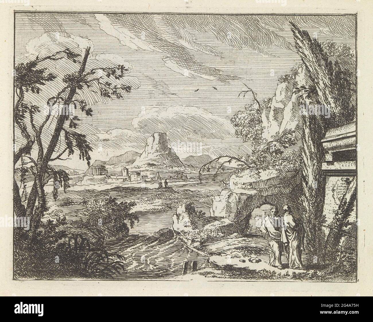 Landscape with mountains and ruinous buildings; Arcadic landscapes ...