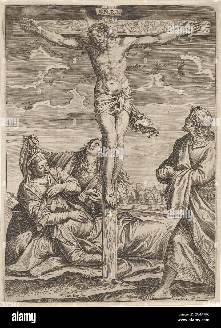 Crucifixion of Christ. Christ hangs on the cross. Johannes is at the foot of the Cross and Maria ...